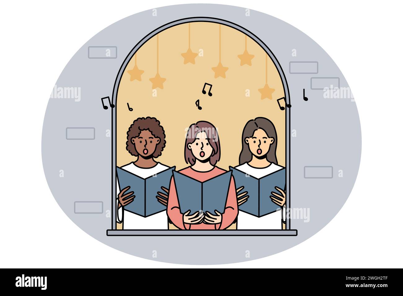 Girls in house window singing together. Female singers sing in choir ...
