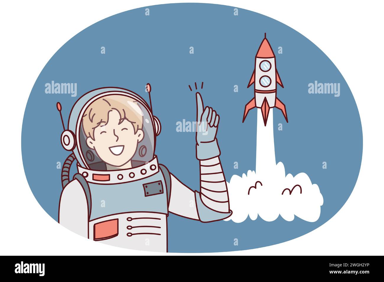 Man in astronaut clothes points finger up standing near spaceship ...