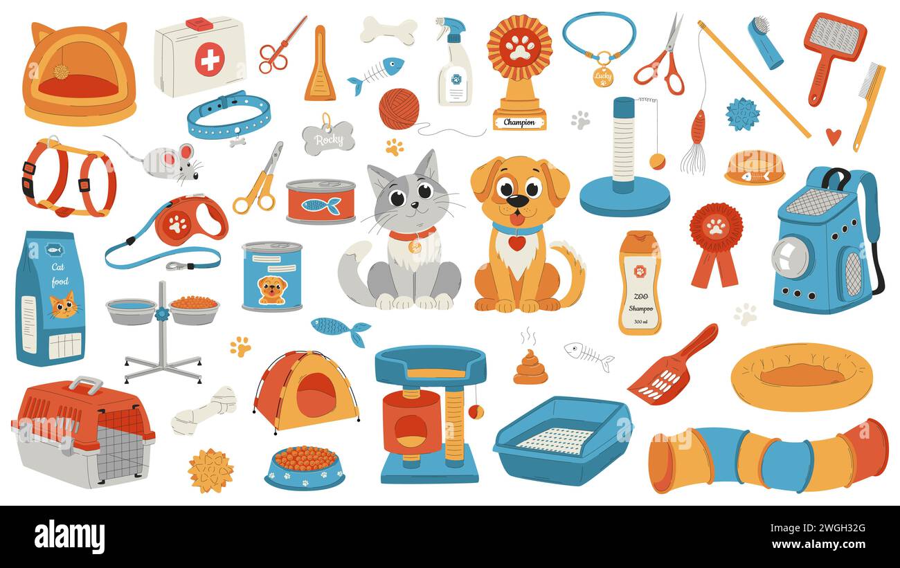 A set of elements for pet care. Cat and dog, smiling characters ...