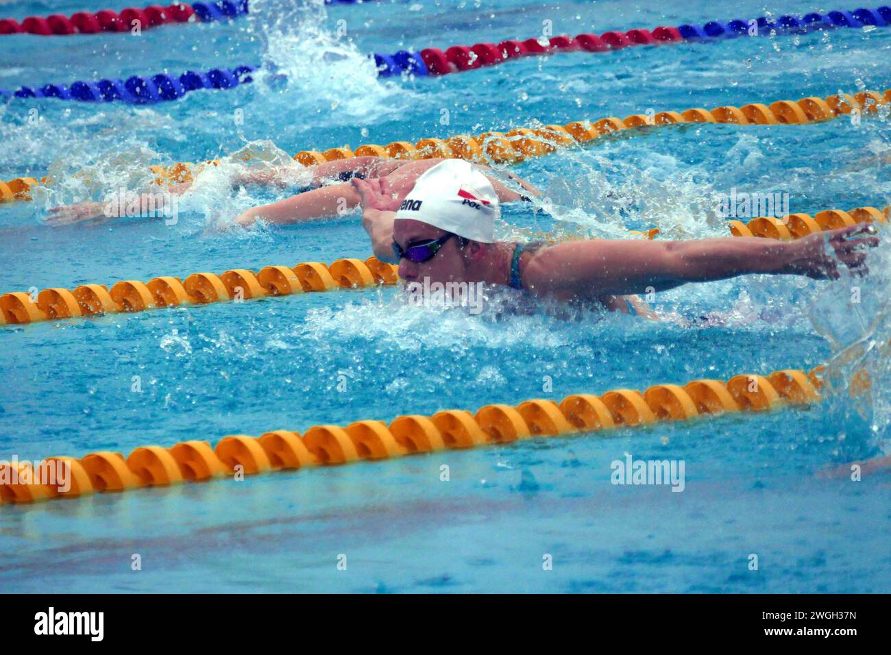 Non Exclusive: ORADEA, ROMANIA - FEBRUARY 2, 2024 - An athlete swims ...