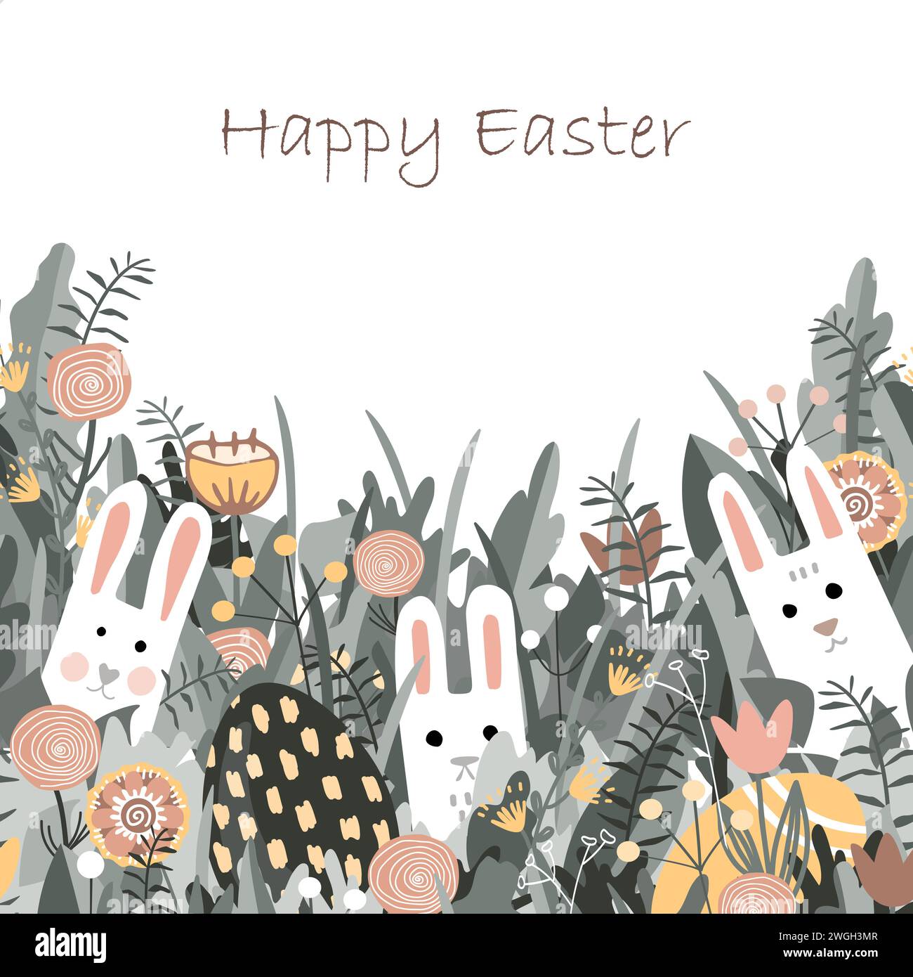 Cute rabbits looking out of the grass. Easter eggs hunting card. Funny ...