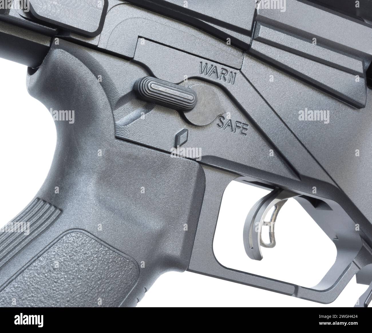 Modern rifle with warning and safe positions on its safety selector ...