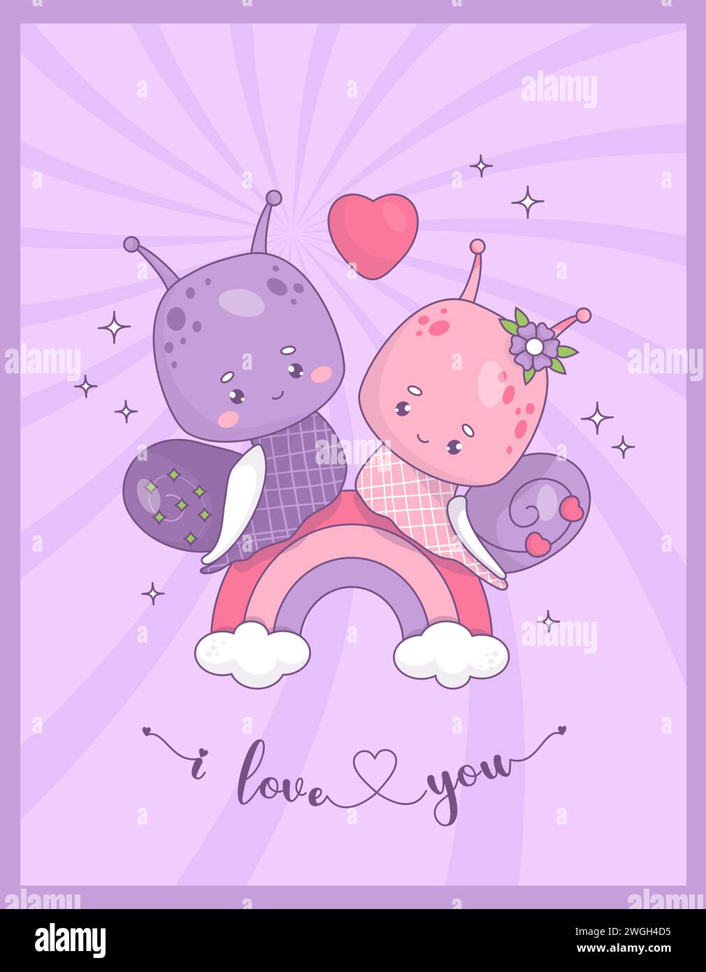 Cute groovy loving couple of snails girl and boy on rainbow. Funny ...