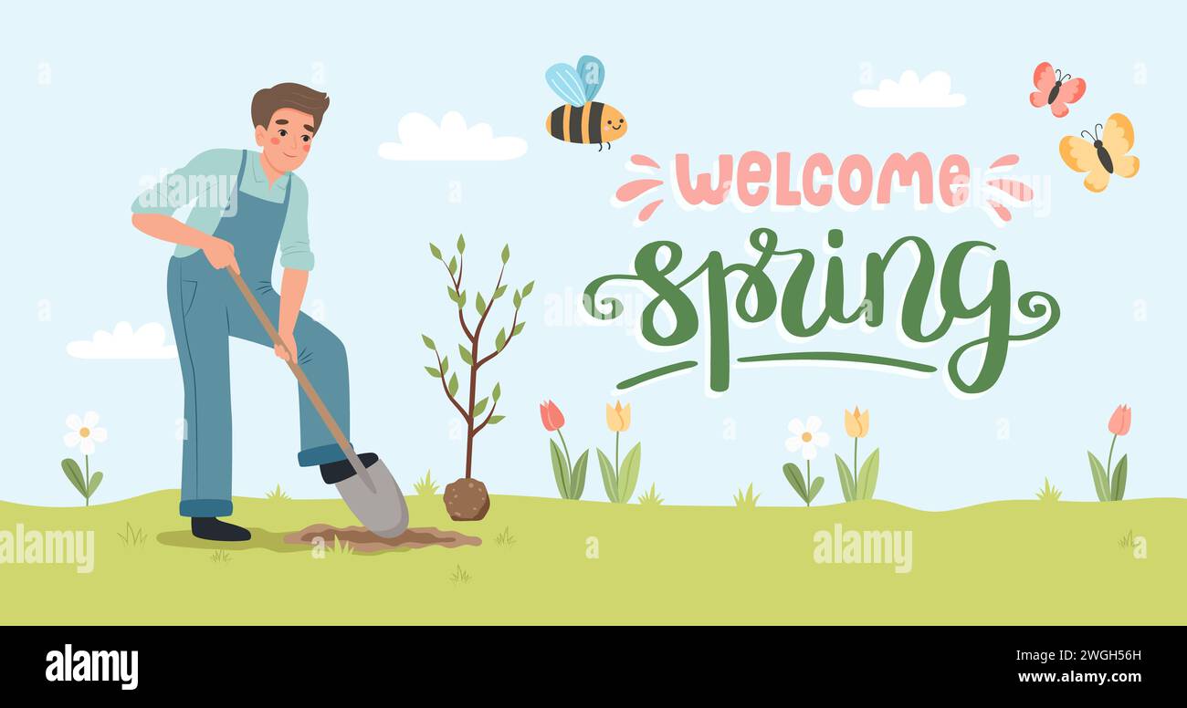 Man digging up ground with shovel to plant a tree. Male working in ...