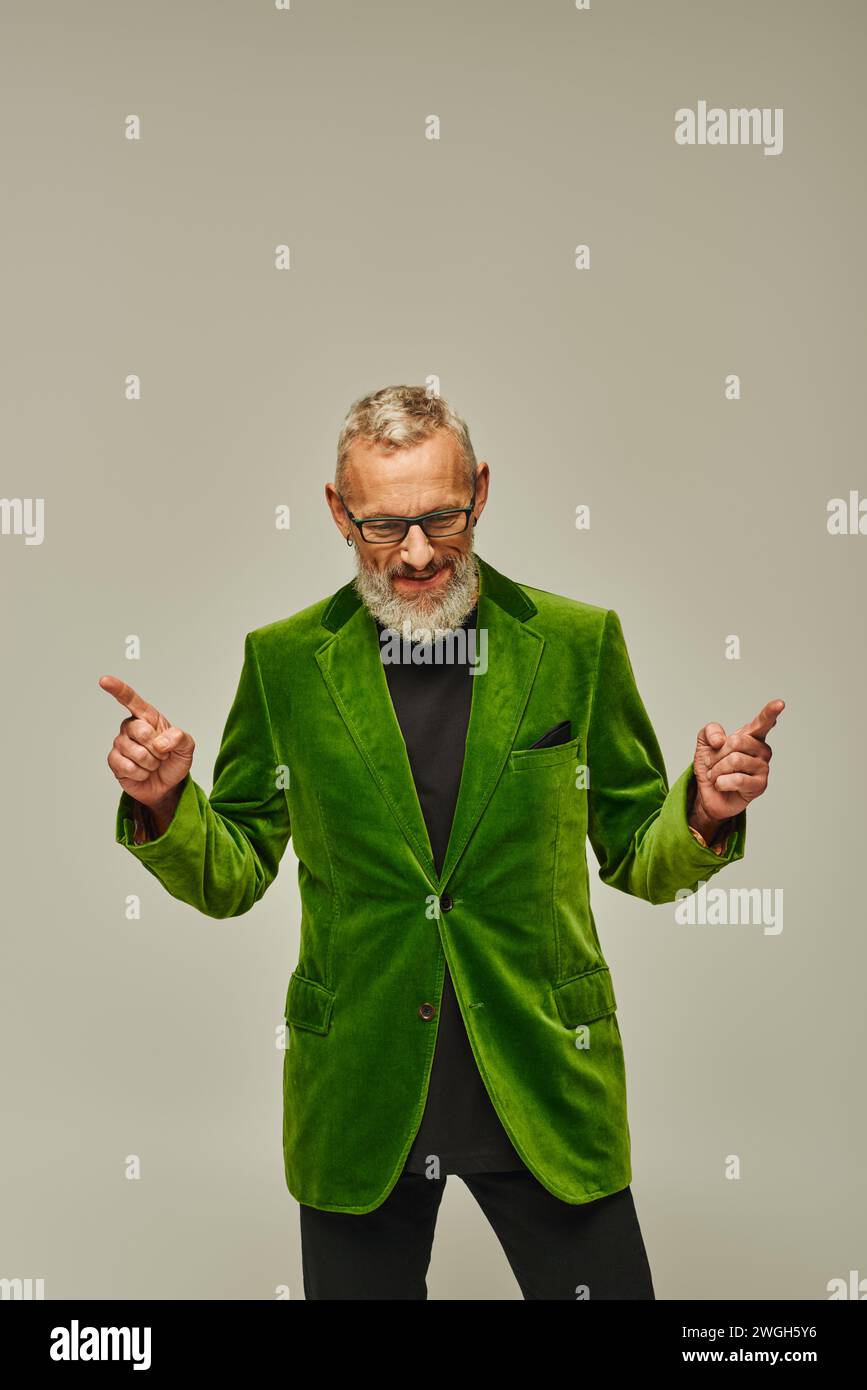 good looking funky jolly mature male model with gray beard and glasses ...