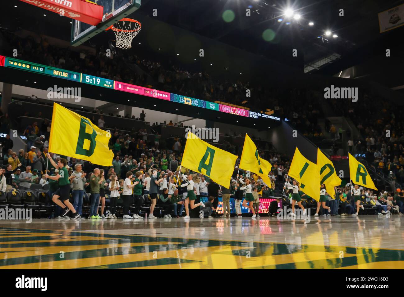 WACO, TX - FEBRUARY 03: Baylor flags are run onto the court before the ...