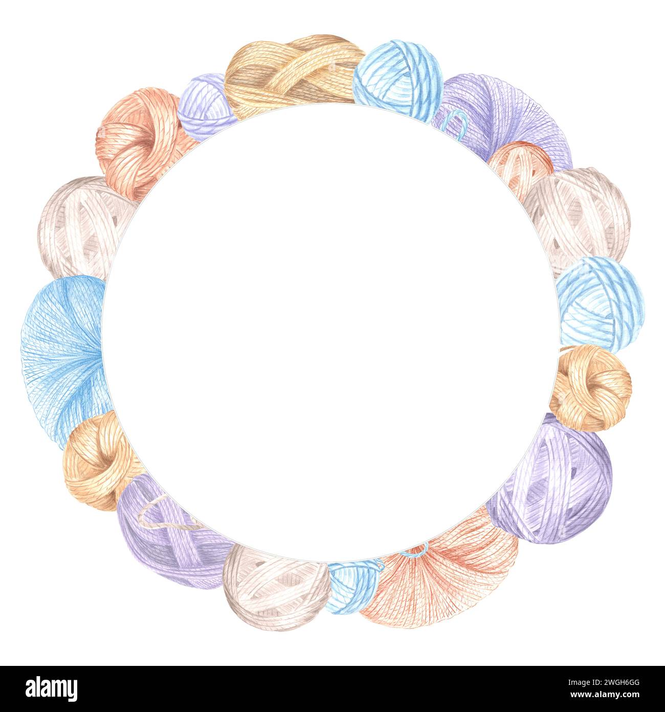 Watercolor round frame made of balls and skeins of wool. Template ...