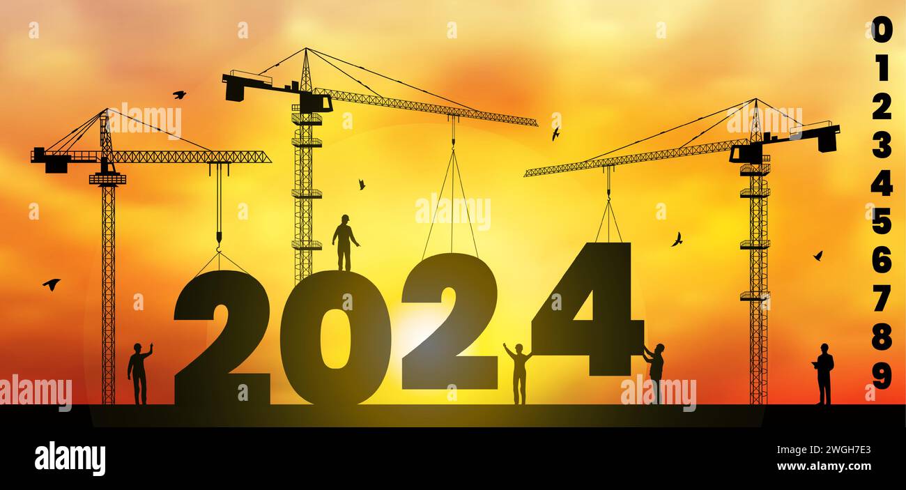 2024 new year. Building crane loading numbers. Industrial silhouette ...