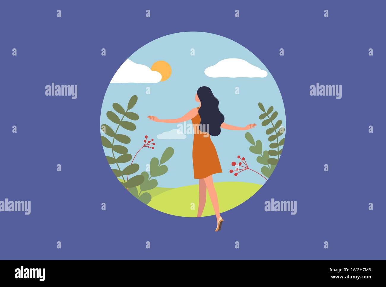 Step in future. New woman life. Door to world journey and changes ...