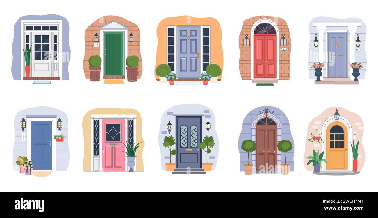 House doors. Apartment front entrance, home flower wall with porch lamp ...