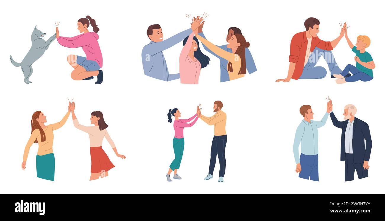 Happy people. High five gesture. Team success. Business or friendship joy group of positive ...