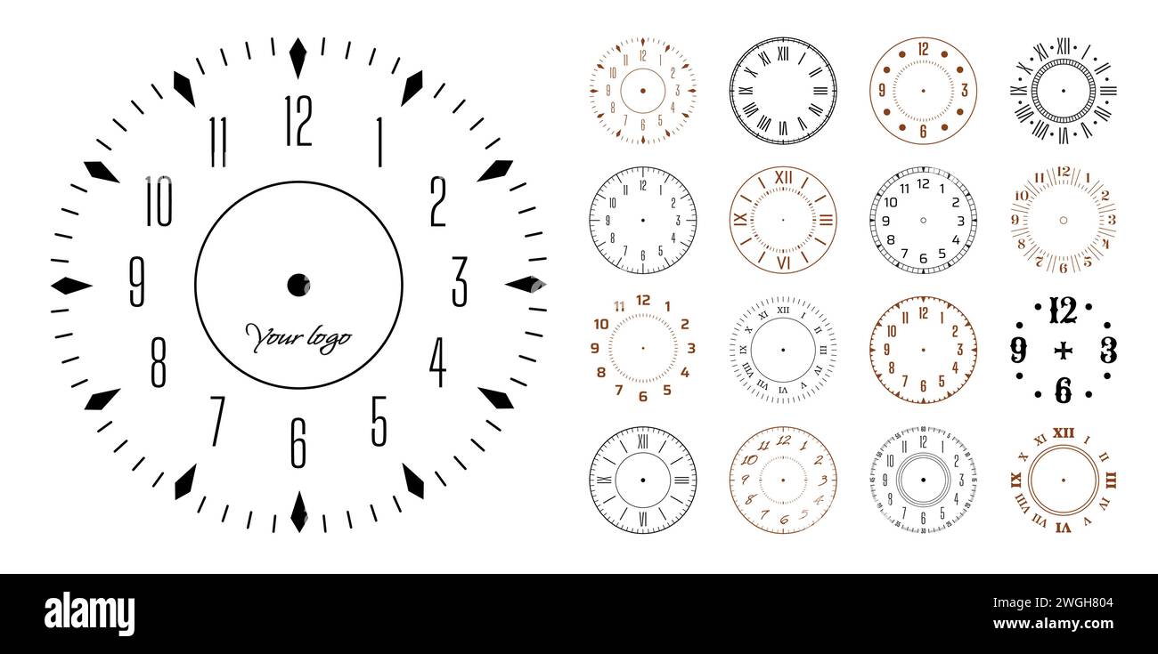 Clock face. Watch number dial template. Roman wall design. Analog ...
