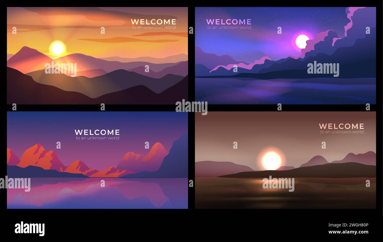 Game landscape. Aurora night sky. Scenic sunset. Geometry land scenery ...