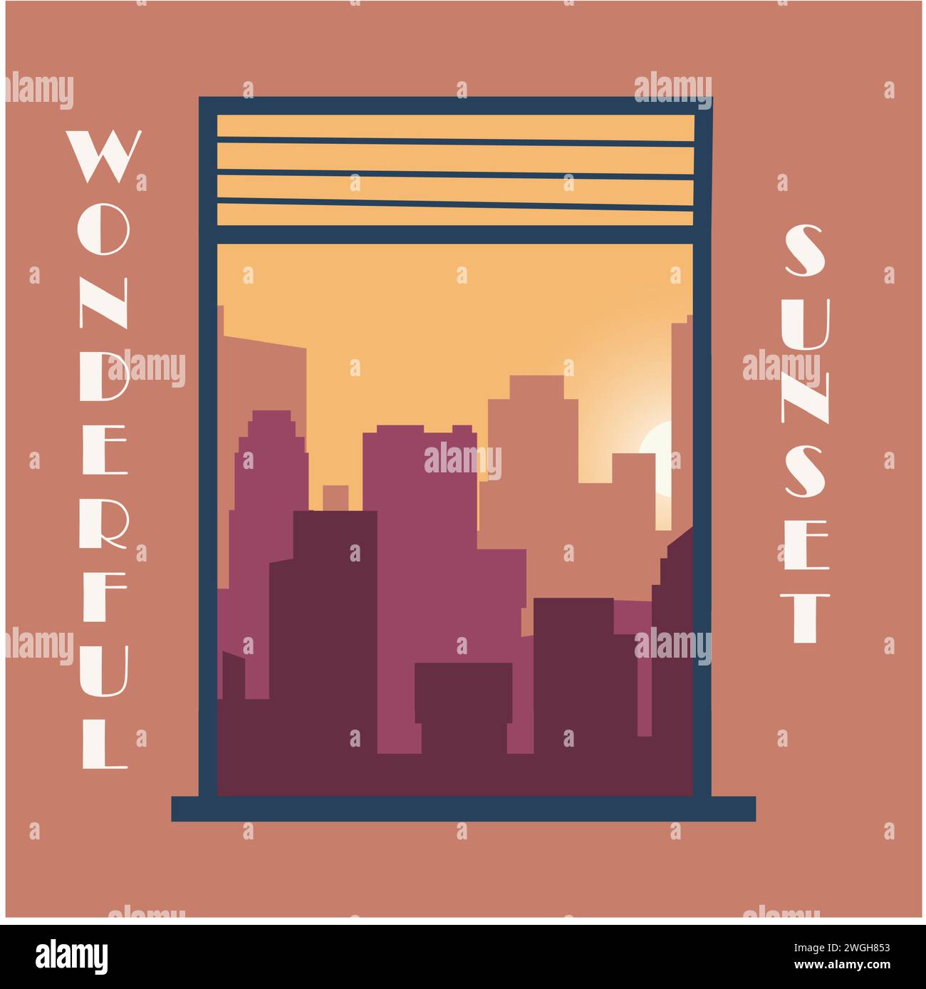 Landscape in window. City view from home. Good evening card. Sunset ...