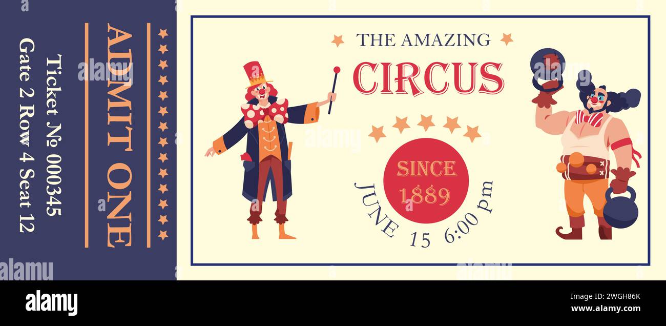 Circus ticket. Clowns performance. Pass card. Carnival event invitation ...