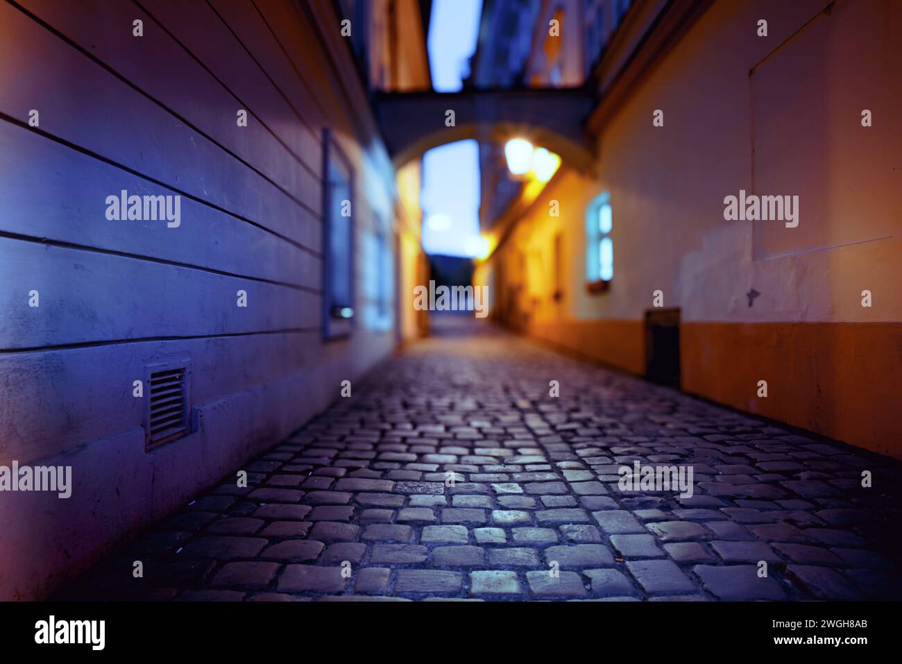Urban City Alleyway Illuminated with Modern Skyline View Stock Photo ...