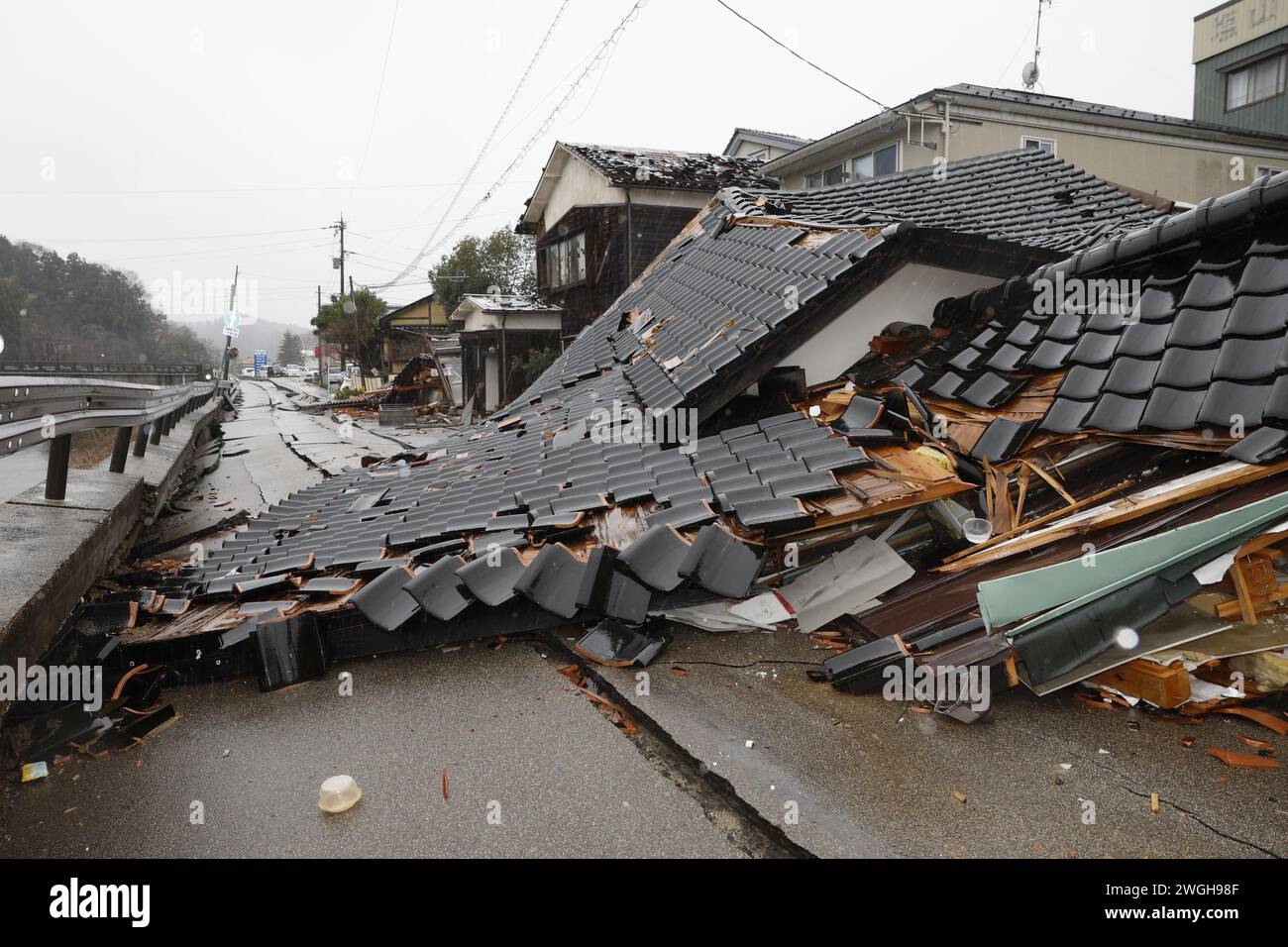 Photo taken on Feb. 5, 2024, shows collapsed houses in Wajima, Ishikawa Prefecture, following a ...