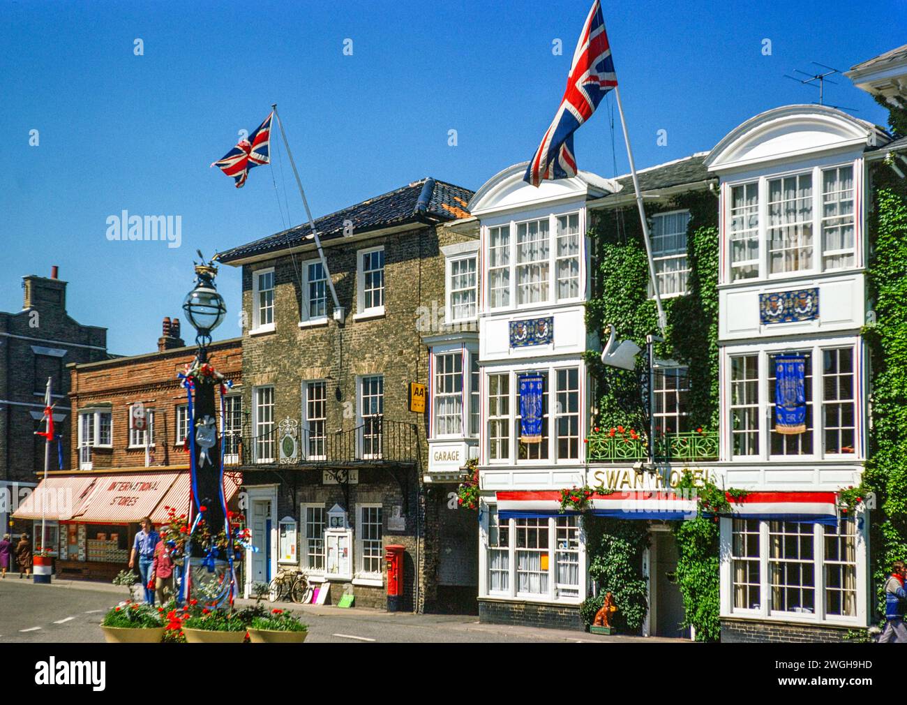 Flags and bunting decorating the street for Queen Elizabeth Silver ...