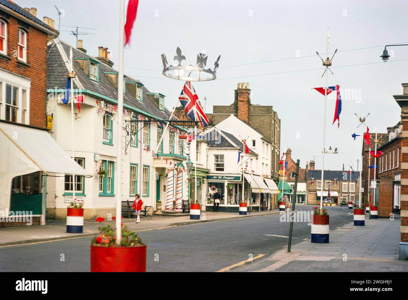 Flags and bunting decorating the street for Queen Elizabeth Silver ...