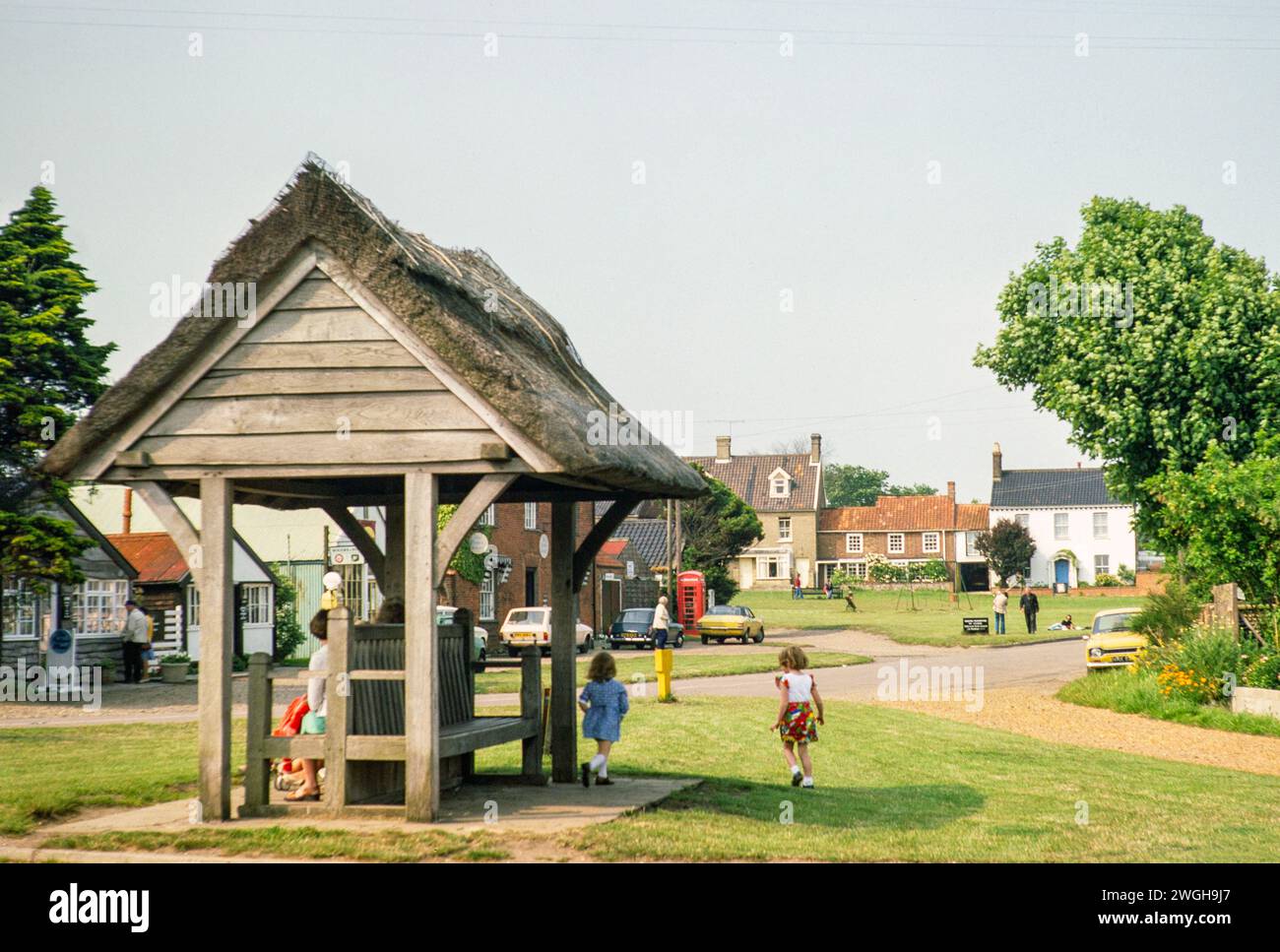 Shelter on village green, Walberswick, Suffolk, England, UK Stock Photo ...