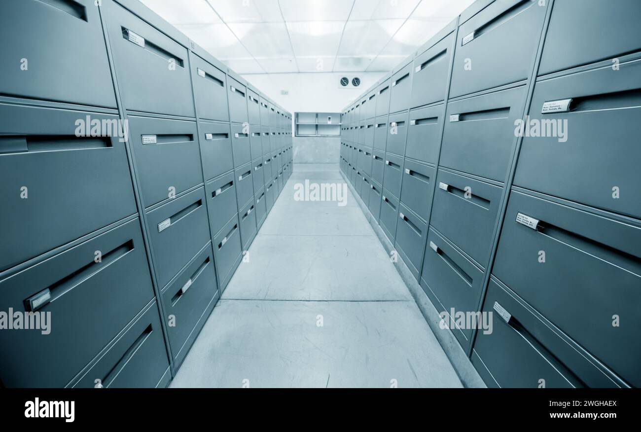 interior with shelves of Swiss bank safe deposit boxes Stock Photo - Alamy