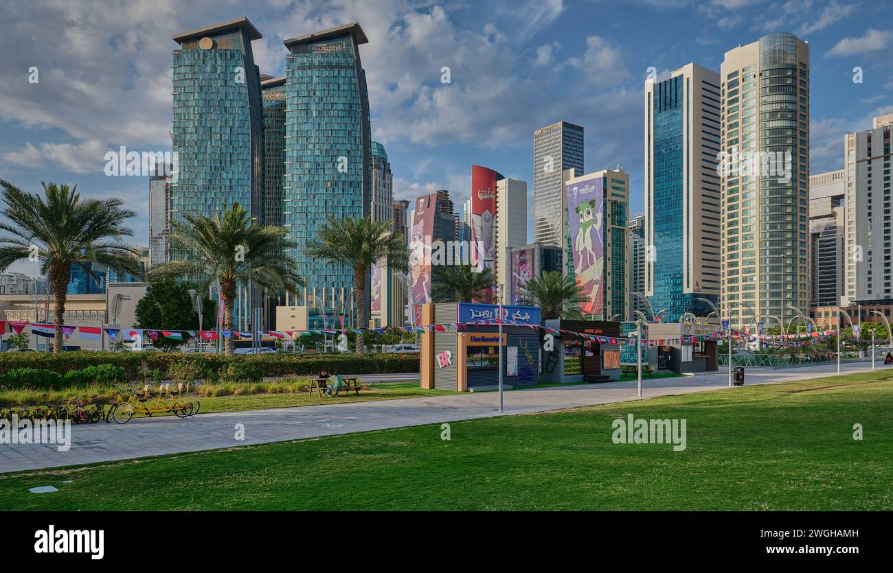 Doha skyline in West bay district Doha, Qatar sunset view with The ...