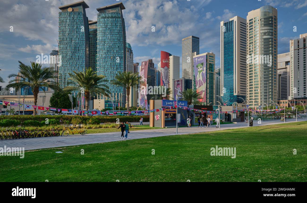 Doha skyline in West bay district Doha, Qatar sunset view with The ...