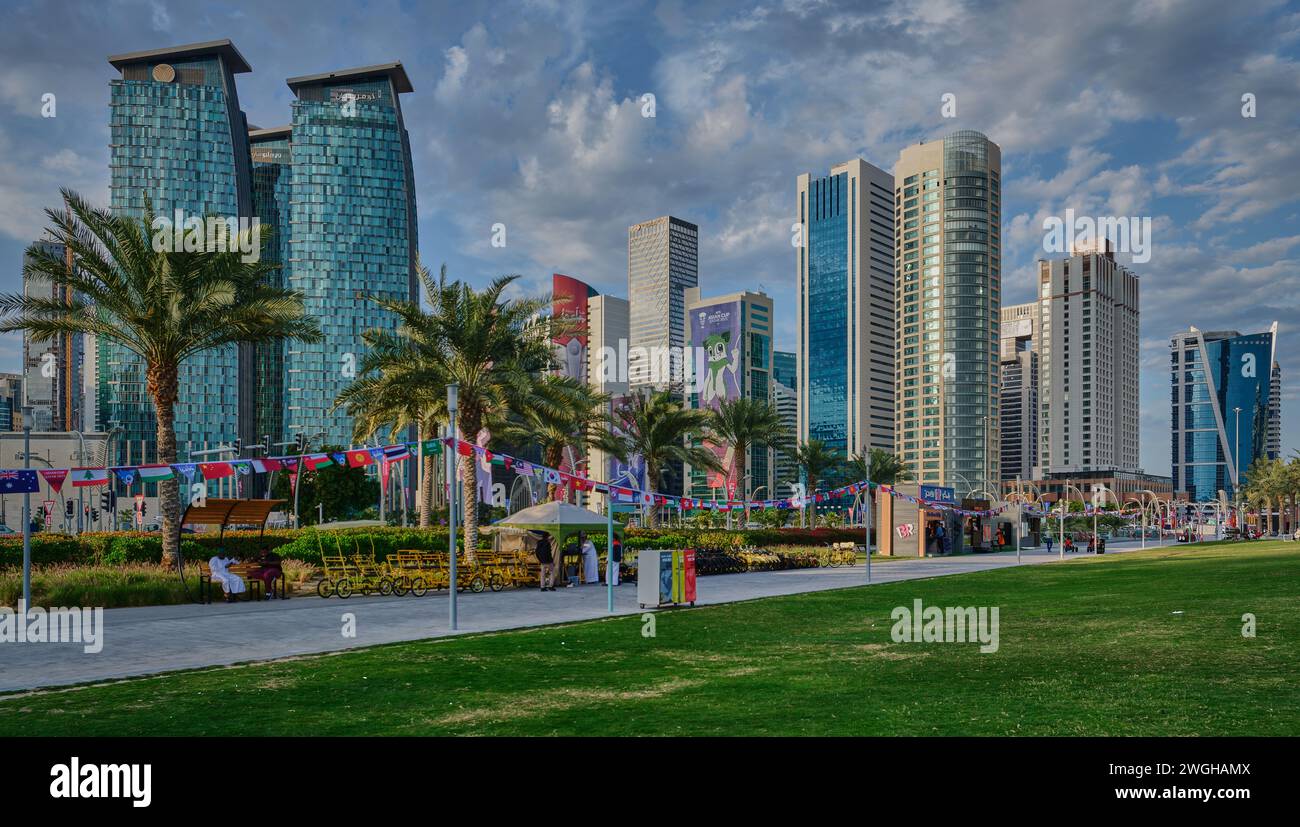 Doha skyline in West bay district Doha, Qatar sunset view with The ...