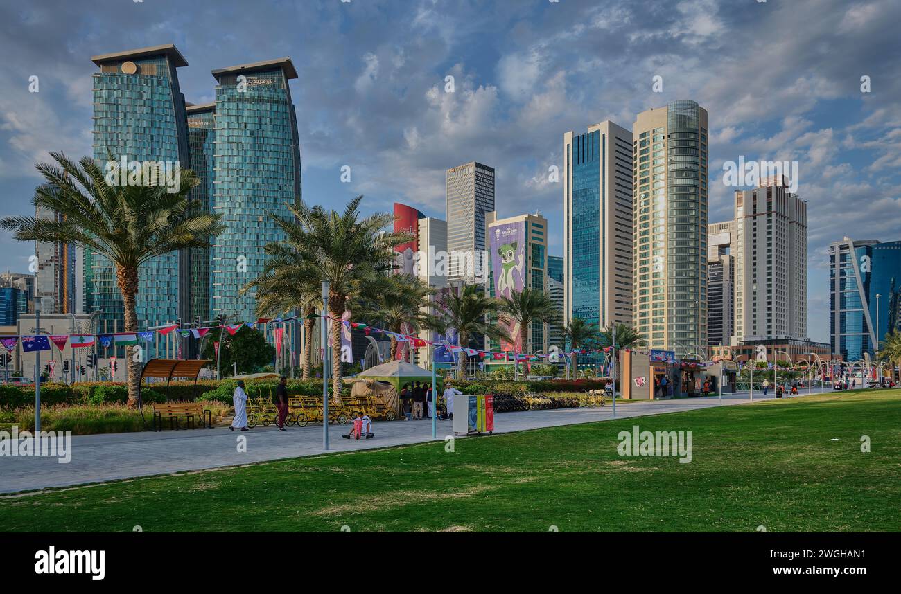 Doha skyline in West bay district Doha, Qatar sunset view with The ...