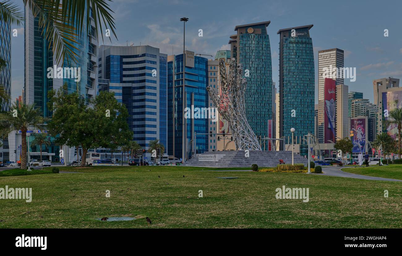 Doha skyline in west bay afternoon shot from Hotel park with Sheikh ...