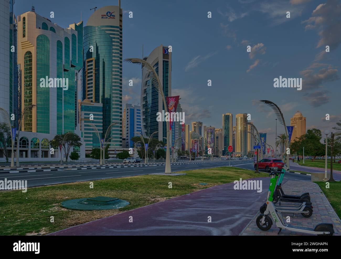 Doha skyline in West bay district Doha, Qatar sunset view with clouds ...