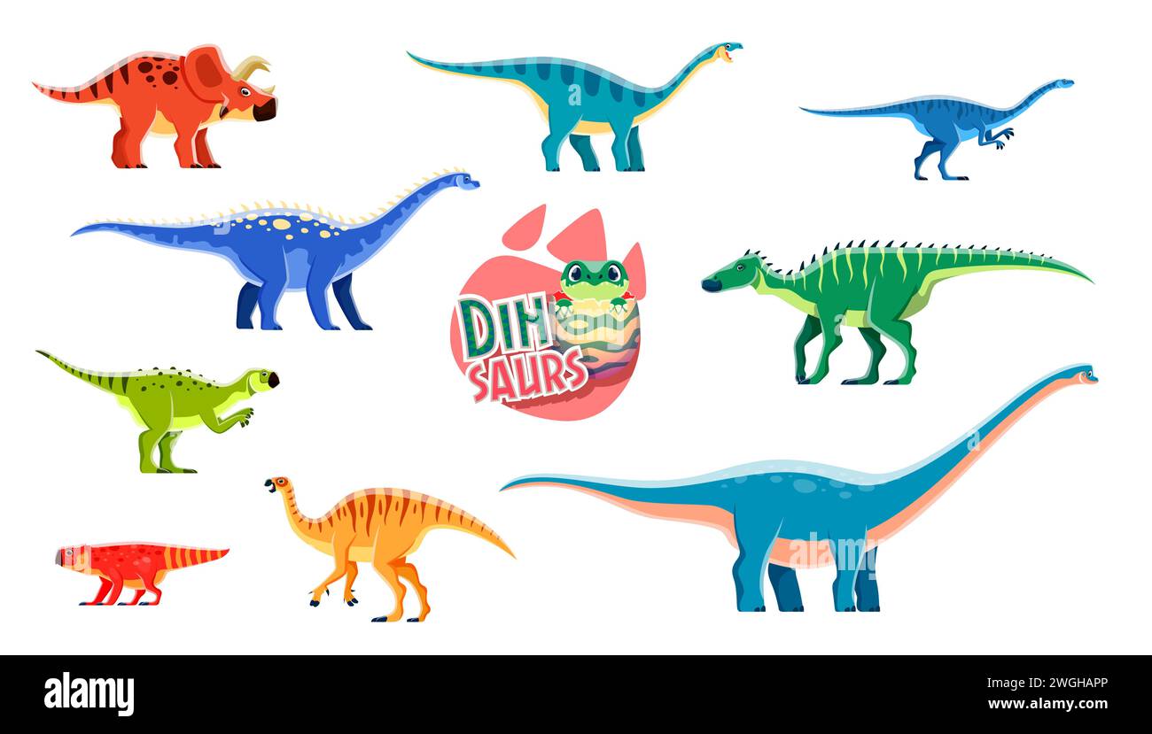 Cartoon cute and funny dinosaurs characters. Paleontology extinct ...