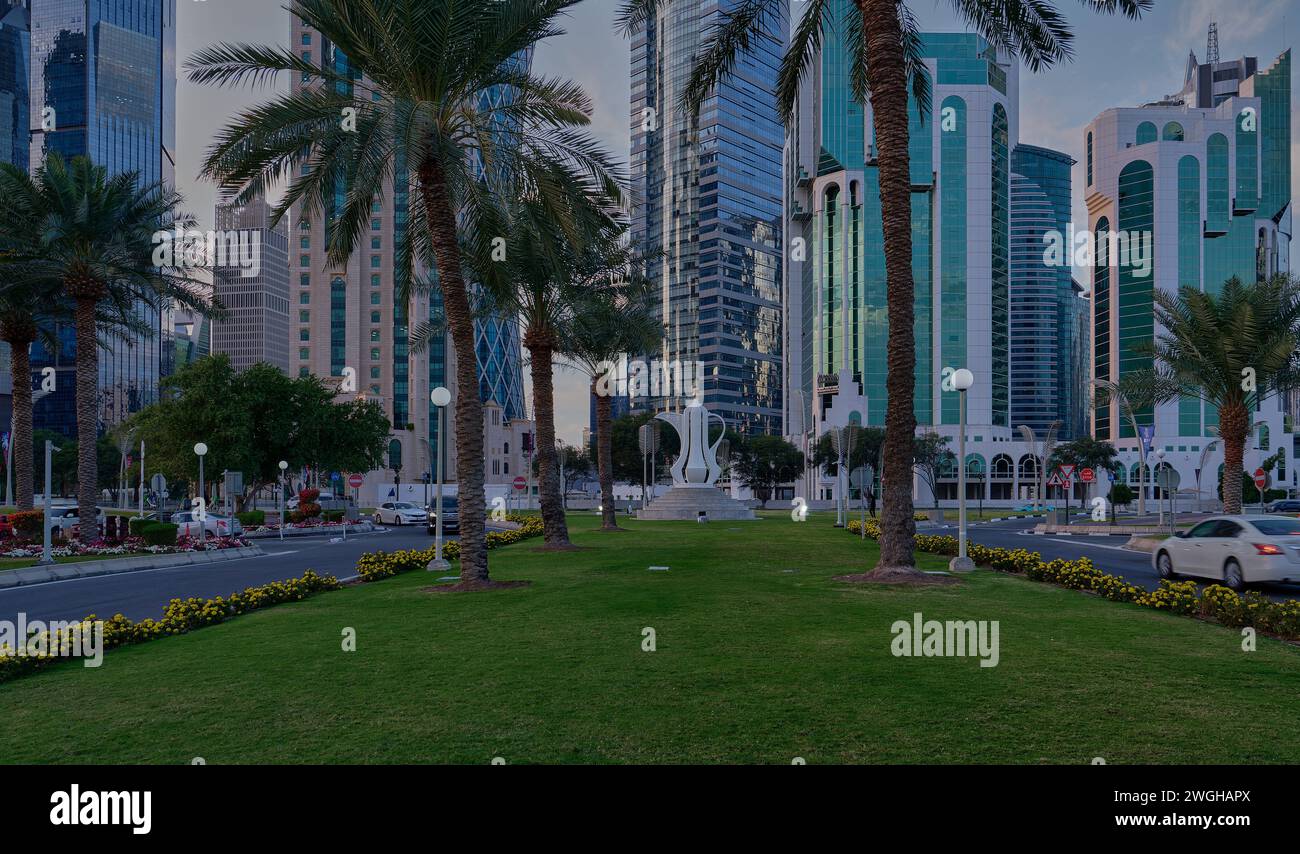 Doha skyline in West bay district Doha, Qatar sunset view with clouds ...