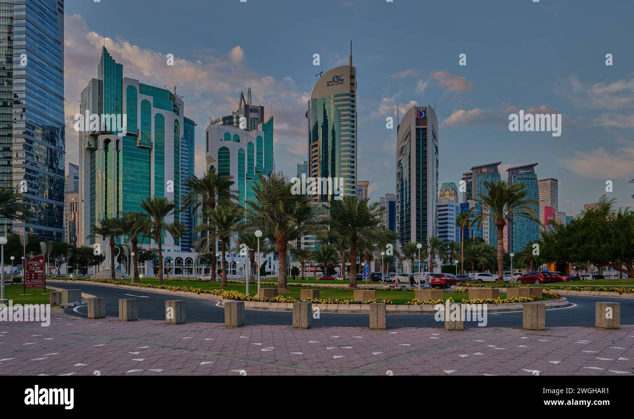 Doha skyline in West bay district Doha, Qatar sunset view with clouds ...