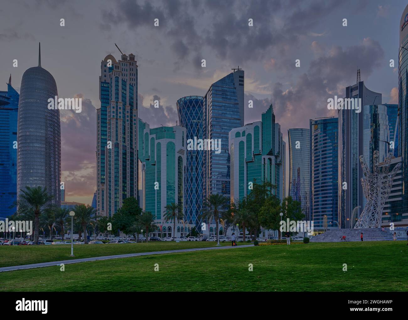 Doha skyline in West bay district Doha, Qatar sunset view with clouds ...