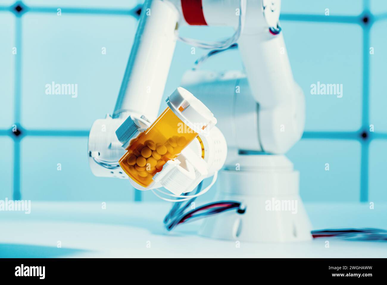 concept of future pharmacology robot with bottle of medical pills Blue ...