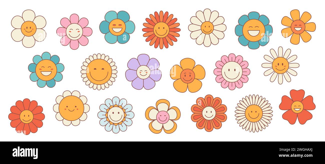 Retro groovy daisy and sunflower flowers or cute happy characters ...