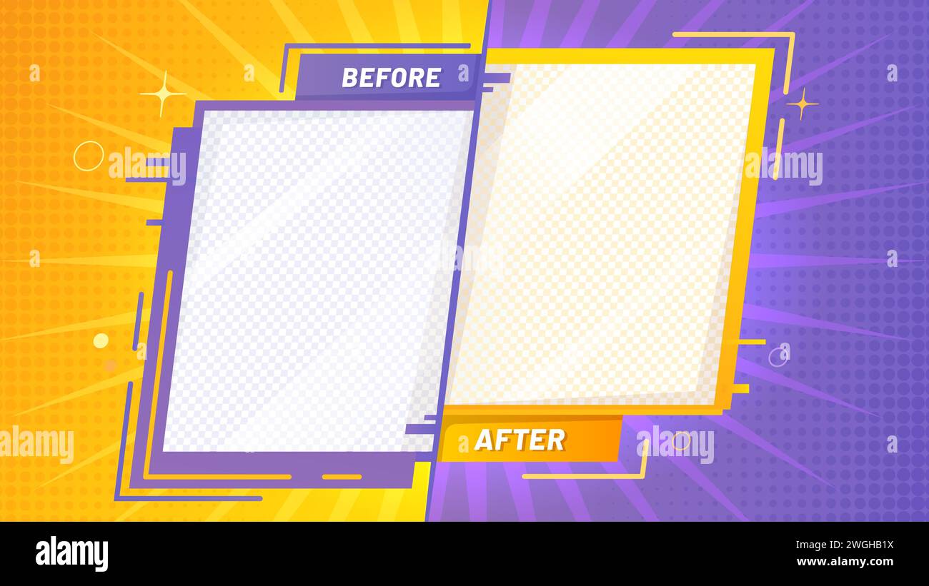 Before after template. Vector yellow and purple color background with ...