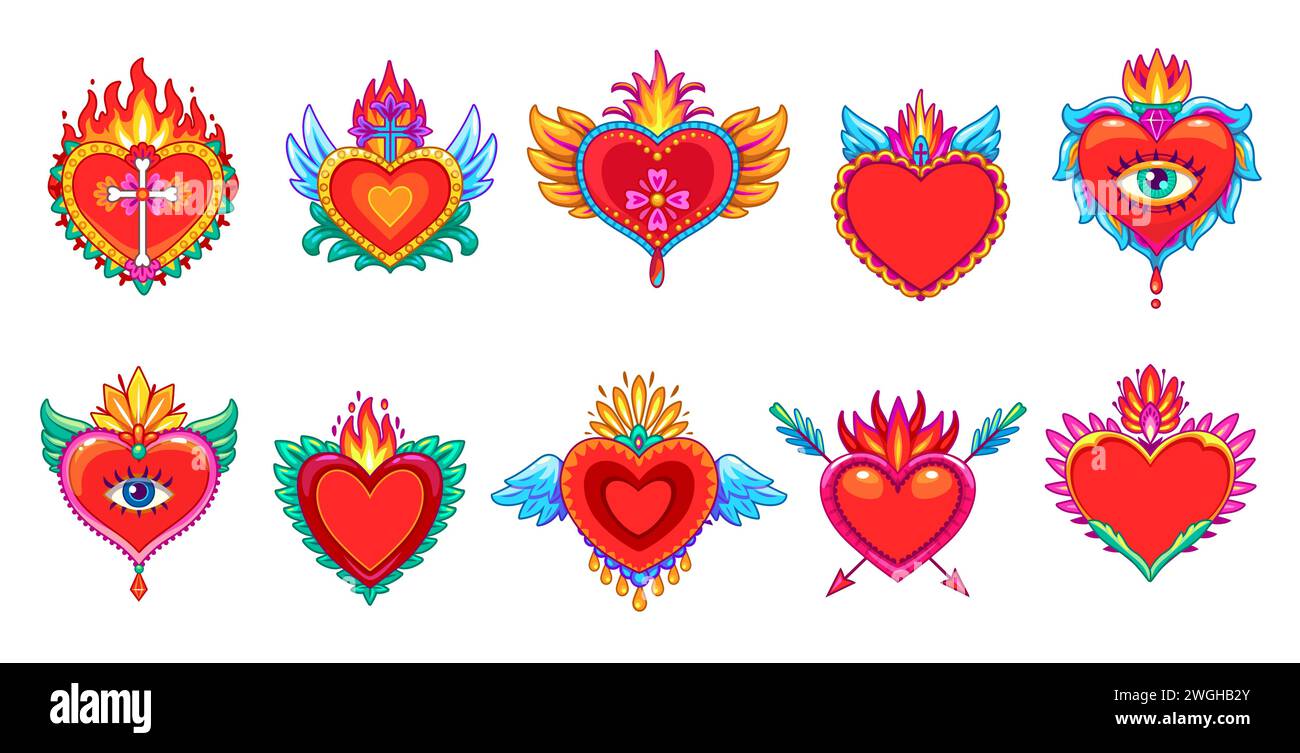 Mexican sacred hearts. Cartoon vector set of vibrant and intricate ...