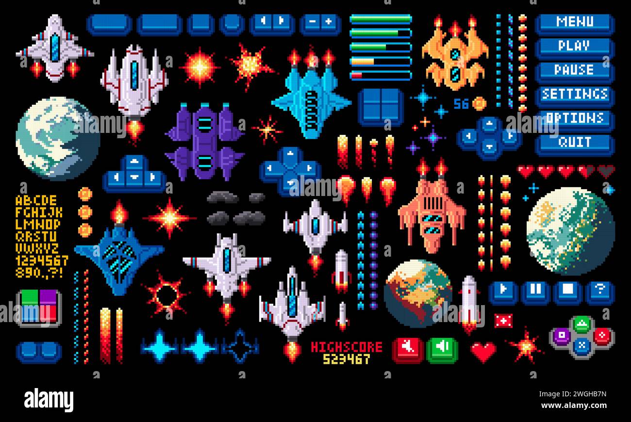 8bit arcade space pixel game asset, invaders and asteroids, planets and spaceship, alien and ...