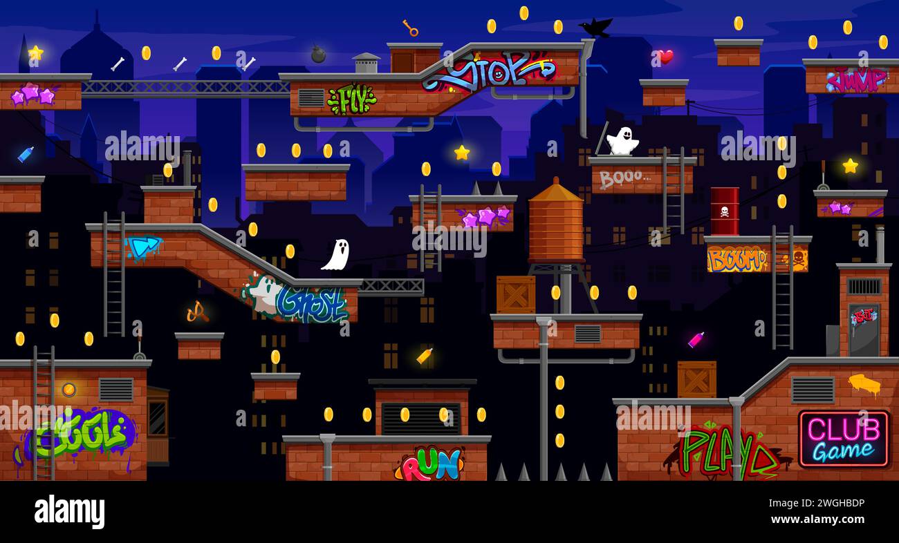 Arcade roof game level map interface. Graffiti and golden coins, roof ...