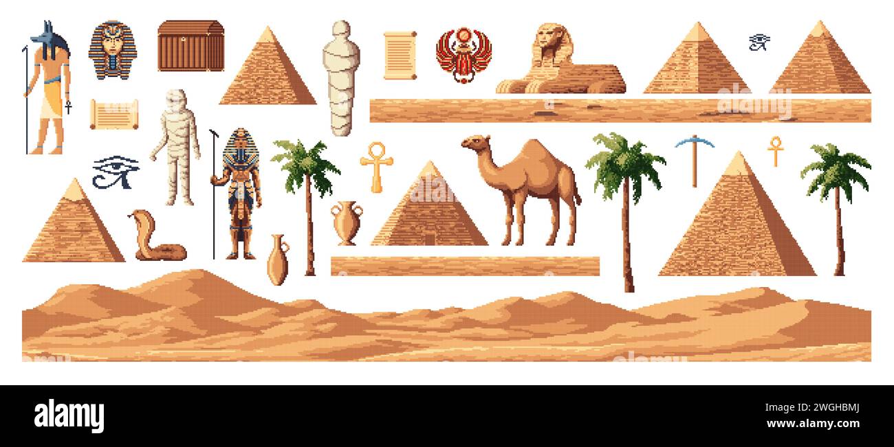 Retro 8 bit pixel art Egypt arcade game assets, pyramids and gods ...