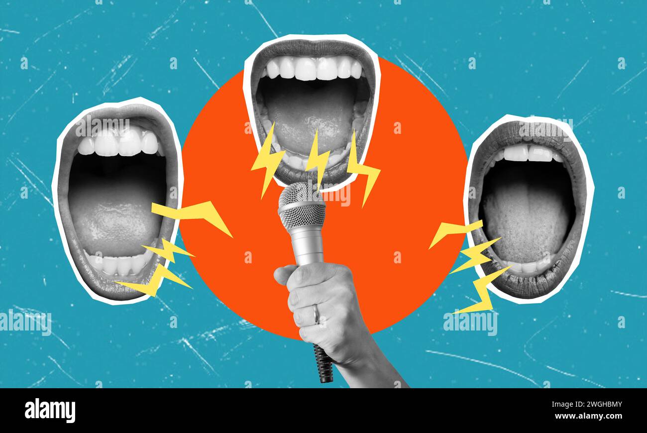 Contemporary art collage depicting a hand with a microphone and women's ...