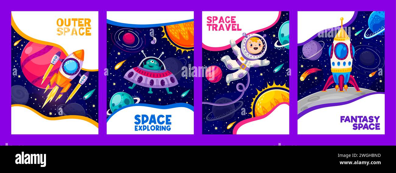 Cartoon space travel posters of cute astronaut and alien vector ...