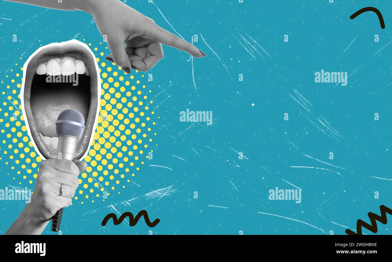 Art collage, open mouth shouting into a microphone with room for lyrics ...