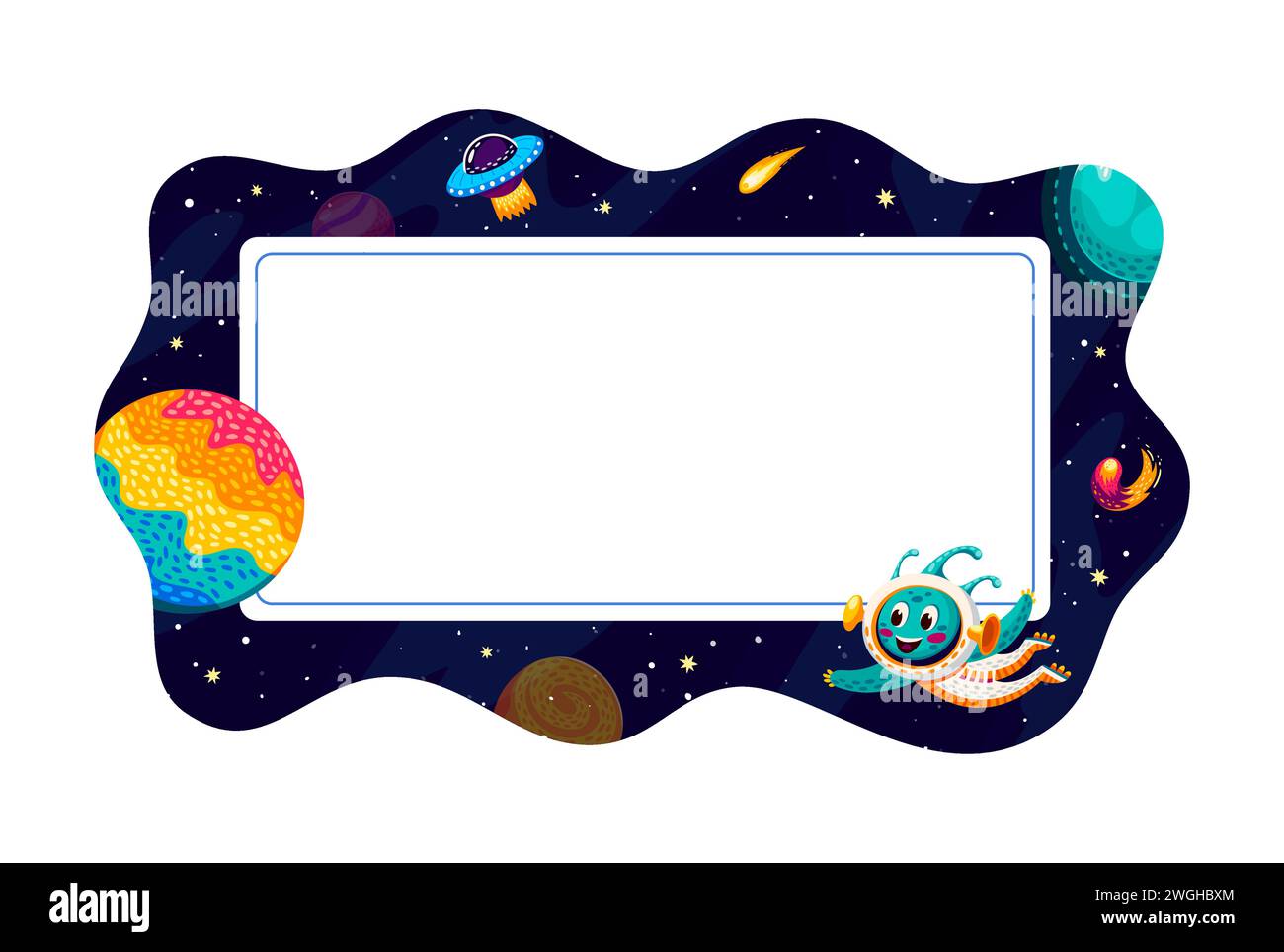 Cartoon galaxy space kid frame or border with cosmic landscape, ufo ...