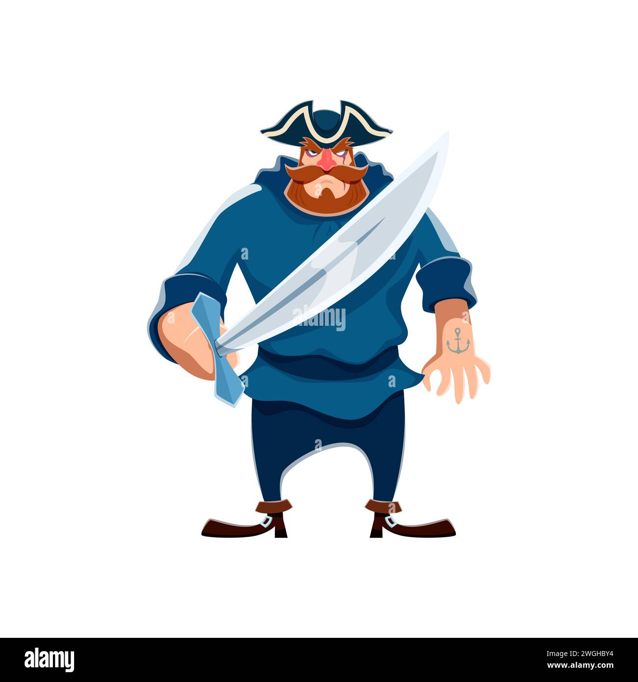 Cartoon pirate captain character with sword. Red bearded corsair vector ...