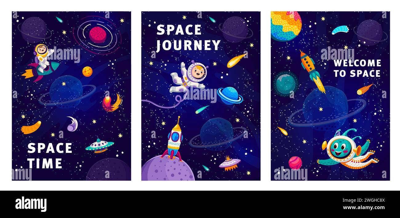Cartoon space posters. Cosmos adventure, universe research or space ...