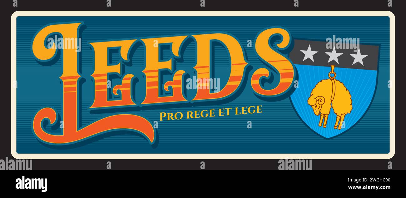 City of Leeds in Yorkshire, UK England. Vector travel plate or sticker ...