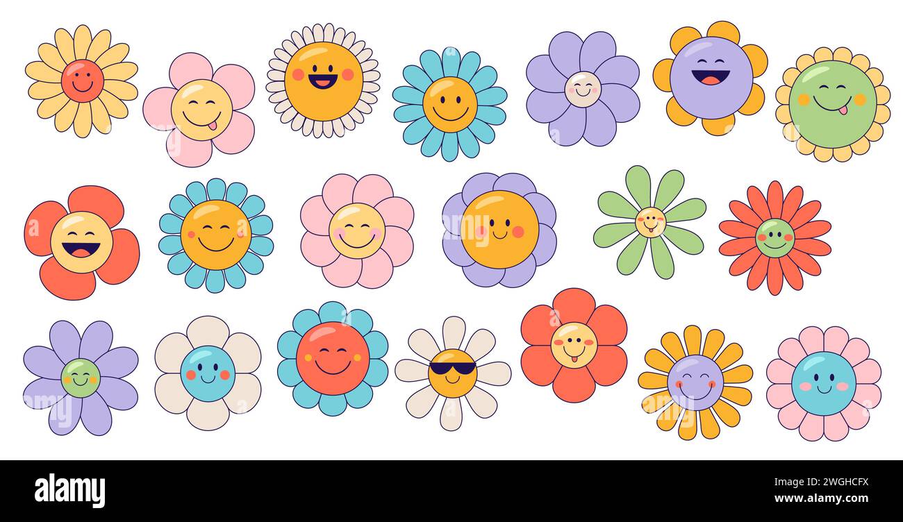 Retro groovy daisy sunflower cute happy flower characters. Vintage and ...